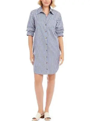 Karen Kane Stripe Ruched Sleeve Shirt Dress - Blue/ Off White
