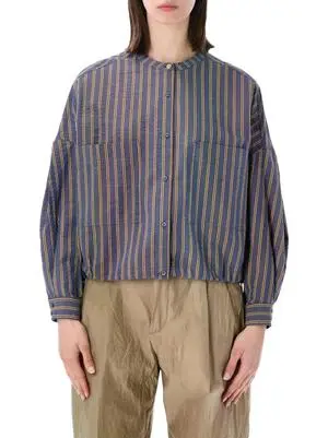 SESSUN Striped Seersucker Band Collar Shirt - Blue