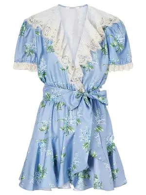 RODARTE Ruffled Lace-trimmed Floral-print Silk-twill Mini Dress - Blue