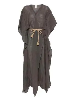 120% Lino Belted Kaftan Maxi Dress - Grey