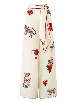 Camilla Embroidered Wide-leg Linen Trousers - Neutrals