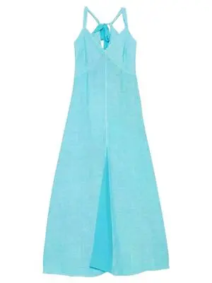 120% Lino Gathered-waist V-neck Maxi Dress - Blue