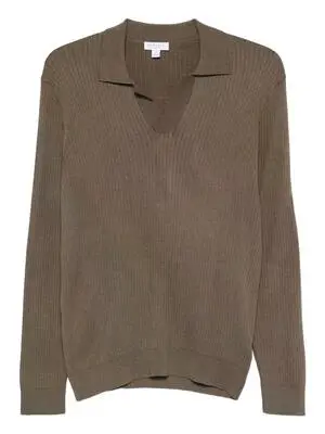 Sunspel Ribbed-knit Long-sleeve Polo Shirt - Brown
