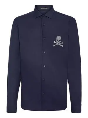 Philipp Plein Skull-embroidered Poplin Shirt - Blue