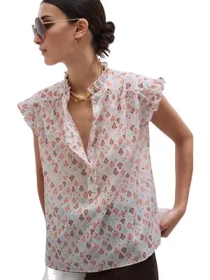ME+EM Cotton Geo Leaves Print Top - Light Cream/multi