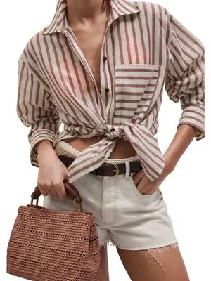 ME+EM Cotton Voile Stripe Boyfriend Shirt - Cinnamon Brown/light Cream