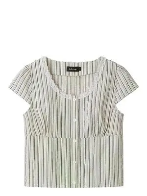 TOUT A COUP Stripe-print Lace-trimmed Blouse - Neutrals
