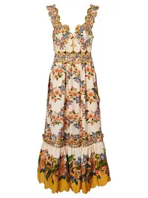 Farm Rio Floral-print Scalloped Dress - Neutrals