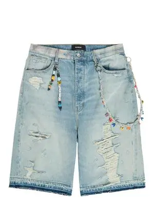 NAHMIAS Distressed Denim Shorts With Beaded Charms - Blue