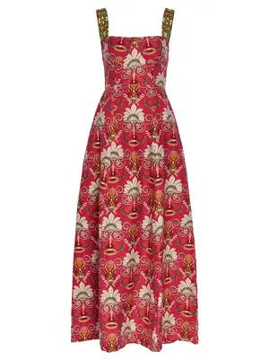 EMPORIO SIRENUSE Azzurra Printed Cotton And Linen-blend Midi Dress - Red
