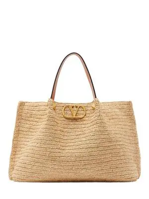 Valentino Garavani Vlogo Medium Raffia Tote - Neutrals