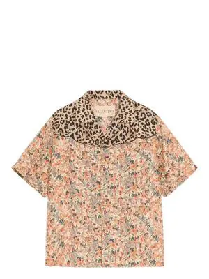 Valentino Garavani Bowling Shirt In Silk Poplin With Fauve Eclat Animalier And Papier Floral Prints - Multicolour