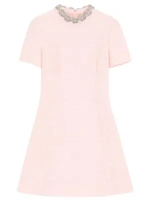 Valentino Garavani Embroidered Crinkle Cotton Tweed Short Dress - Pink/silver