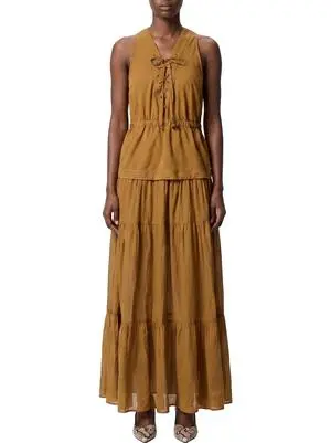 Pinko Cotton V-neck Maxi Dress With Drawstring Waist - Silver