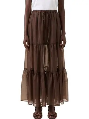 TWINSET A-line Tulle Midi Skirt With Drawstring Waist - Coffee
