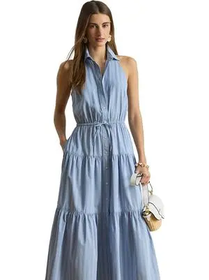 Ralph Lauren Striped Broadcloth Tiered Shirt Dress - Blue/white Multi