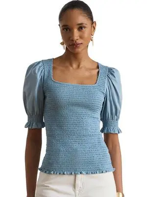 Ralph Lauren Smocked Cotton Jersey Puff-sleeve Top - Blue Note