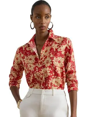 Ralph Lauren Relaxed Fit Floral Linen Shirt - Red/tan