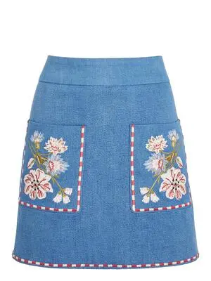 Veronica Beard Denim Embroidered Mini Skirt - Blue