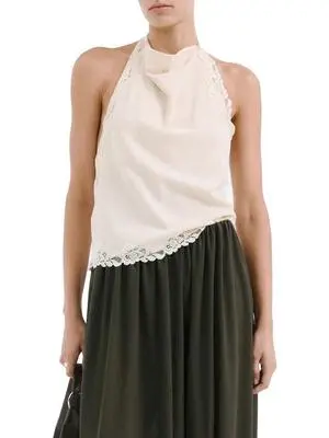 Mango Draped Cotton Halter Top With Lace Detail - Ecru