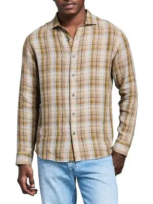 Billy Reid Cedar Dobby Plaid Linen Button-up Shirt - Olive Multi