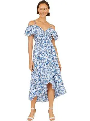 YUMI Floral Print Off-the-shoulder Midi Dress - Blue