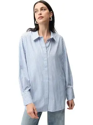 Joseph Ribkoff Tencel Stripe Print Boxy Blouse - Blue/vanilla