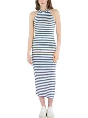 EA7 Striped Ribbed-knit Midi Dress - Blue