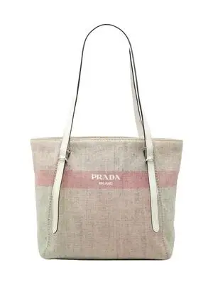 Prada 2010-2026 Canvas Logo Stripe Shopper Tote Bag - Neutrals
