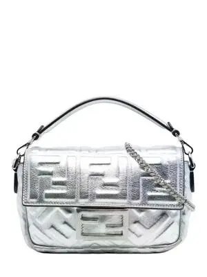 Fendi 2010-2026 Mini Zucca Embossed Metallic Leather Baguette Satchel - Silver