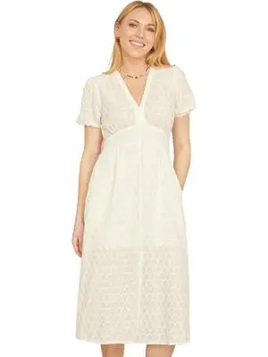 YUMI Broderie Anglaise Midi Dress With Puff Sleeves And Slit Hem - White