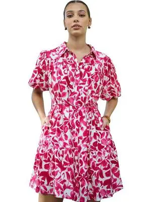 YUMI Floral Print Relaxed Shirt Dress - Pink