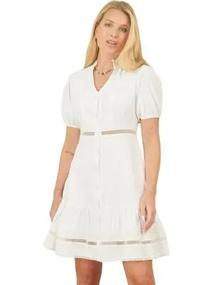 YUMI Cotton Lace Trim Skater Shirt Dress - White