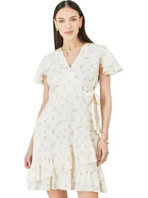 YUMI Rose Print Frill Dress - White