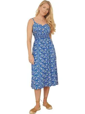 YUMI Printed Sweetheart Neckline Midi Dress - Blue