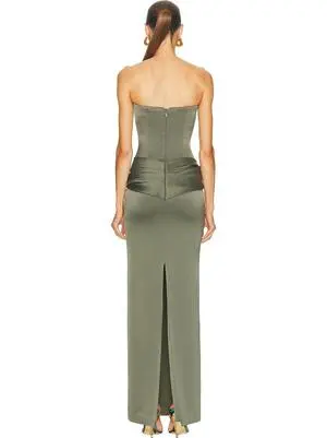 Alex Perry Strapless Longline Corset Twist Drape Column Dress Deep Sage