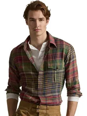 Ralph Lauren Classic Fit Plaid Linen Popover Shirt - Olive Wine