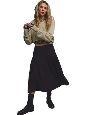 Free People We The Free Skipper Pleated Chino Midi Skirt - Black
