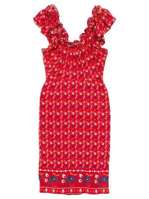 Dior Floral Silk Ruffled Midi Dress - Red