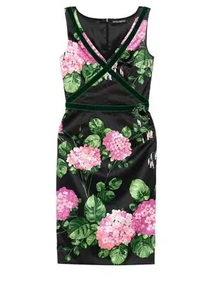 Dolce & Gabbana Floral Printed Dress With Velvet Trim - Black