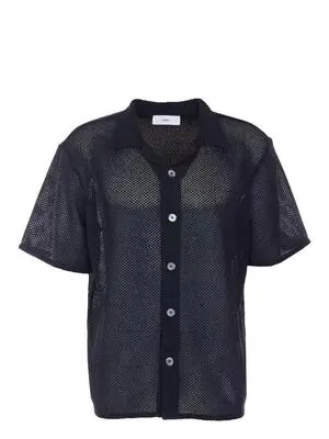 DUNST Crochet-knit Open-collar Shirt - Black