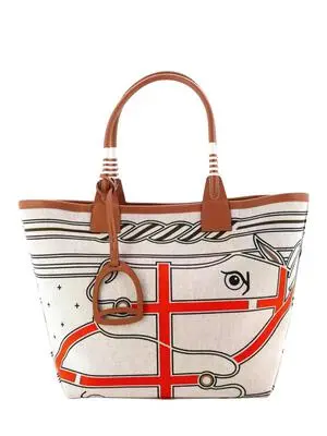 Hermès Sac Steeple Printed Toile With Leather 28 Tote Bag - Brown