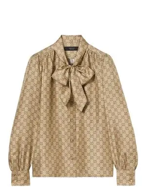 Gucci Silk Twill Shirt With Vintage GG Print Sand