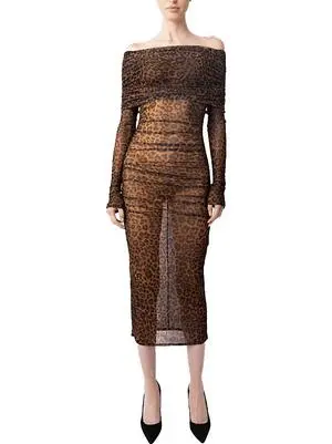 LAPOINTE Printed Mesh Off Shoulder Midi Dress