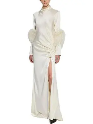 LAPOINTE Satin Gown With Feathered Sleeves