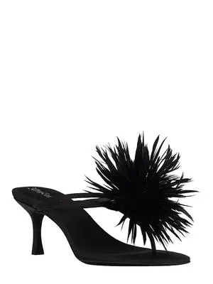 Jeffrey Campbell Feather Embellished Thong Sandals - Black Satin