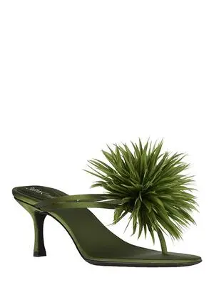 Jeffrey Campbell Feather Embellished Thong Sandals - Olive Satin