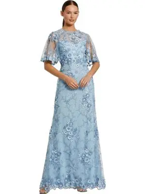 Mac Duggal Petite Flutter Sleeve Floral Embroidered Net Gown - Blue