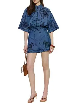 Zimmermann Aster Embroidered Denim Shorts - Blue
