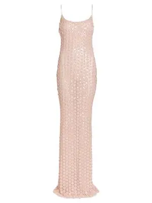 THE NEW ARRIVALS ILKYAZ OZEL Floral-Appliquéd Tulle Maxi Dress Light Pink